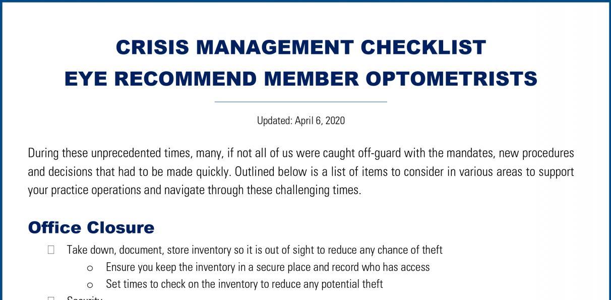 CRISIS MANAGEMENT CHECKLIST | The Canadian Association of Optometrists